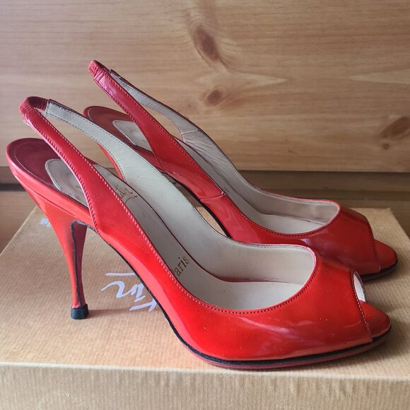 Christian Louboutin | Shoes | Christian Louboutin 36 Red Patent Leather Yoyo Peeptoe Slingback ...